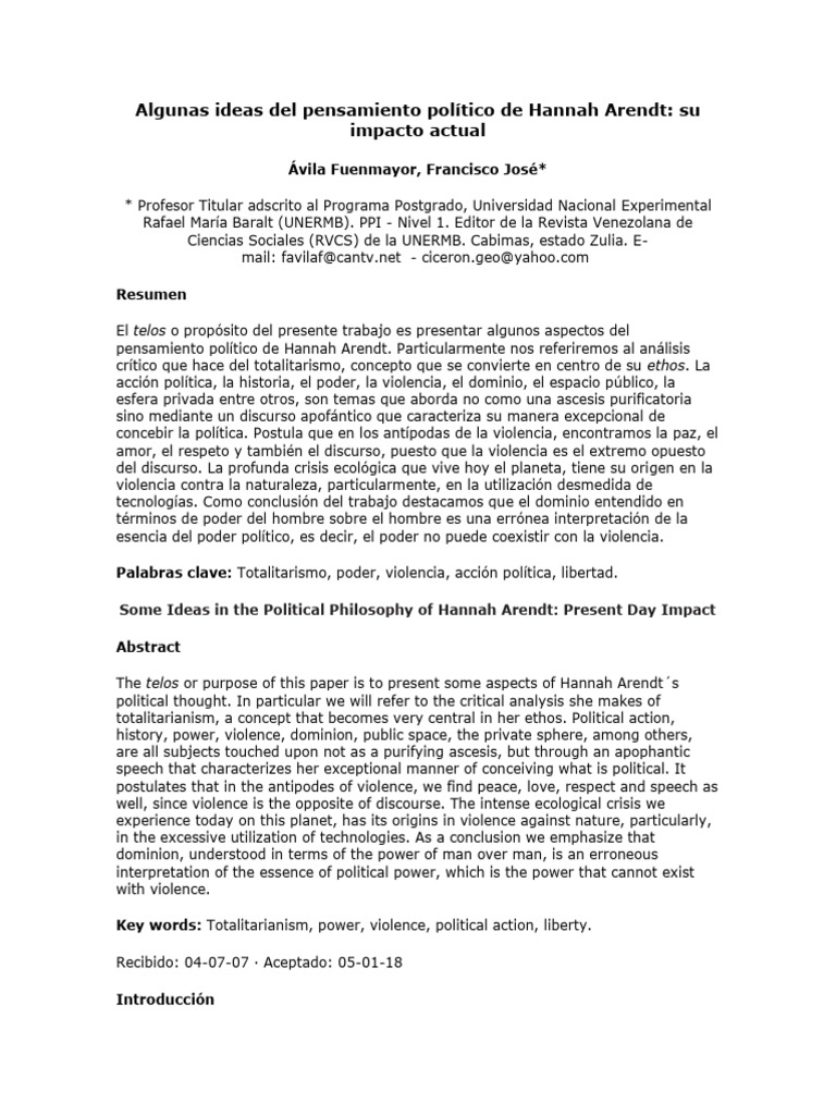 Algunas Ideas Del Pensamiento Político de Hannah Arendt | PDF | Hannah Arendt | Totalitarismo