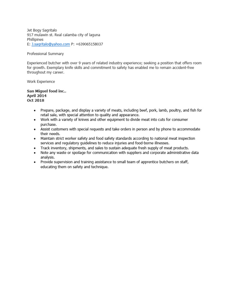 My CV Butcher | PDF | Meat | Food Safety