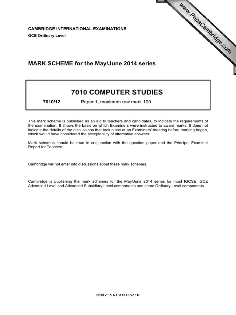 GCE O Level 2014 Computer Studies Mark Scheme | PDF | Internet | Computing