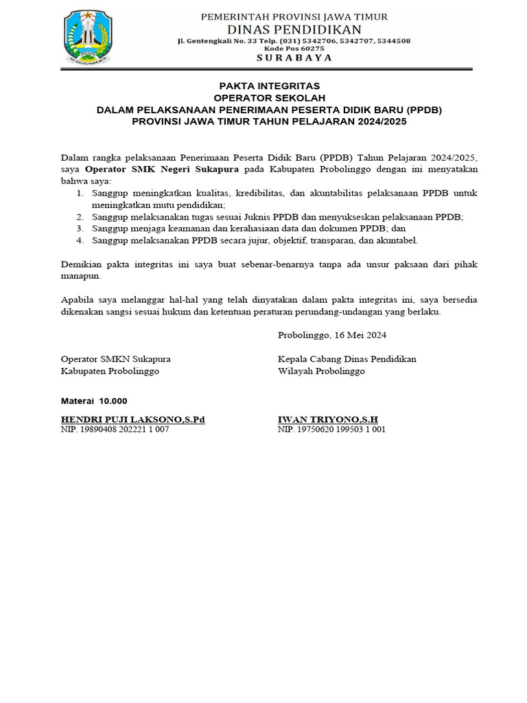 002-PAKTA INTEGRITAS PPDB 2024-2025 - Operator Sekolah 16-5-2024 | PDF | Karier & Perkembangan
