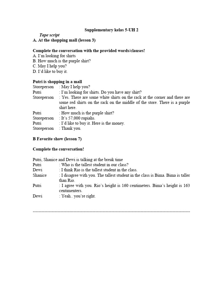 Supplementary Kelas 5-UH2 | PDF