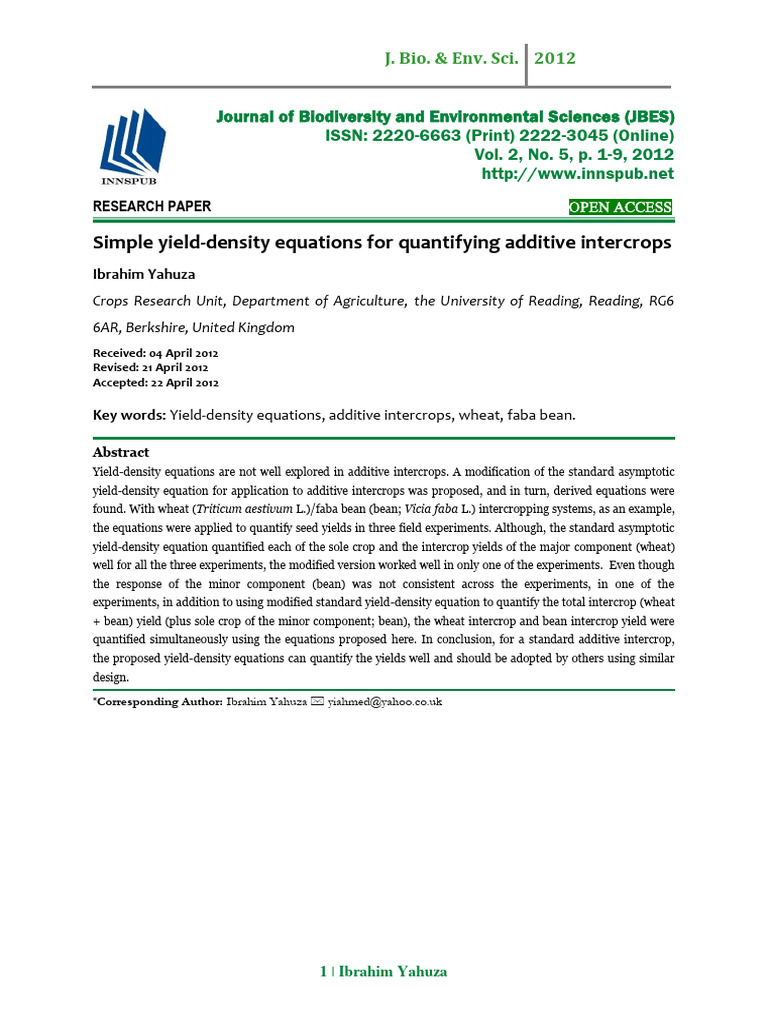 Simple yield-density equations for quantifying additive intercrops | PDF