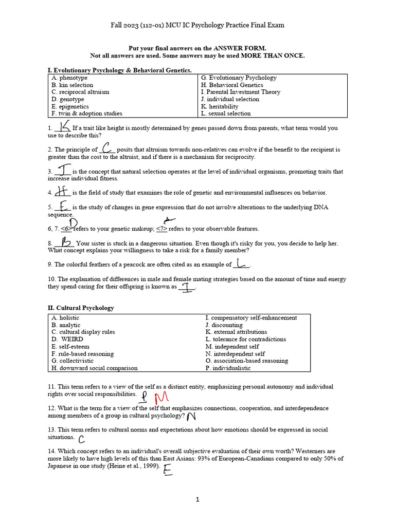 112-01 Psy MT Practice Exam | PDF | Classical Conditioning | Natural Selection