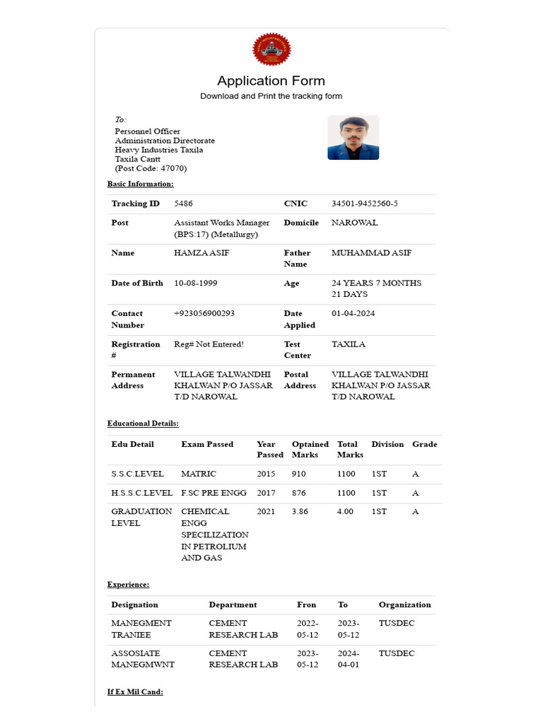 Application Form - HIT Taxila Cantt | PDF
