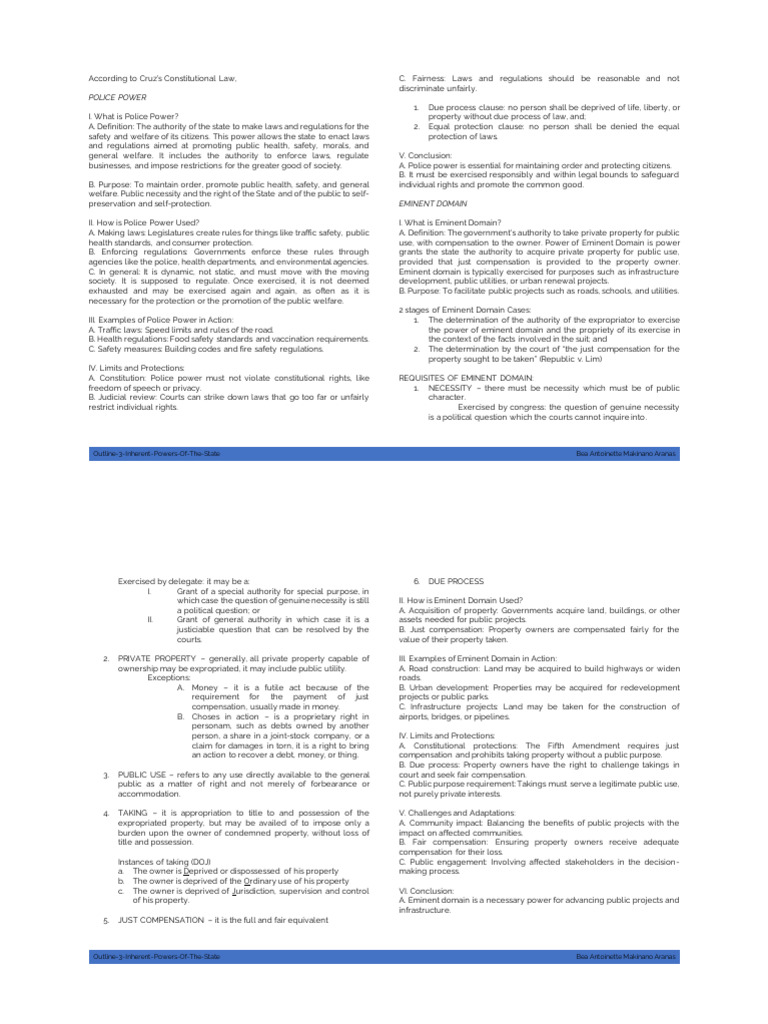 Outline 3 Inherent Powers Aranas | PDF | Taxes | Eminent Domain