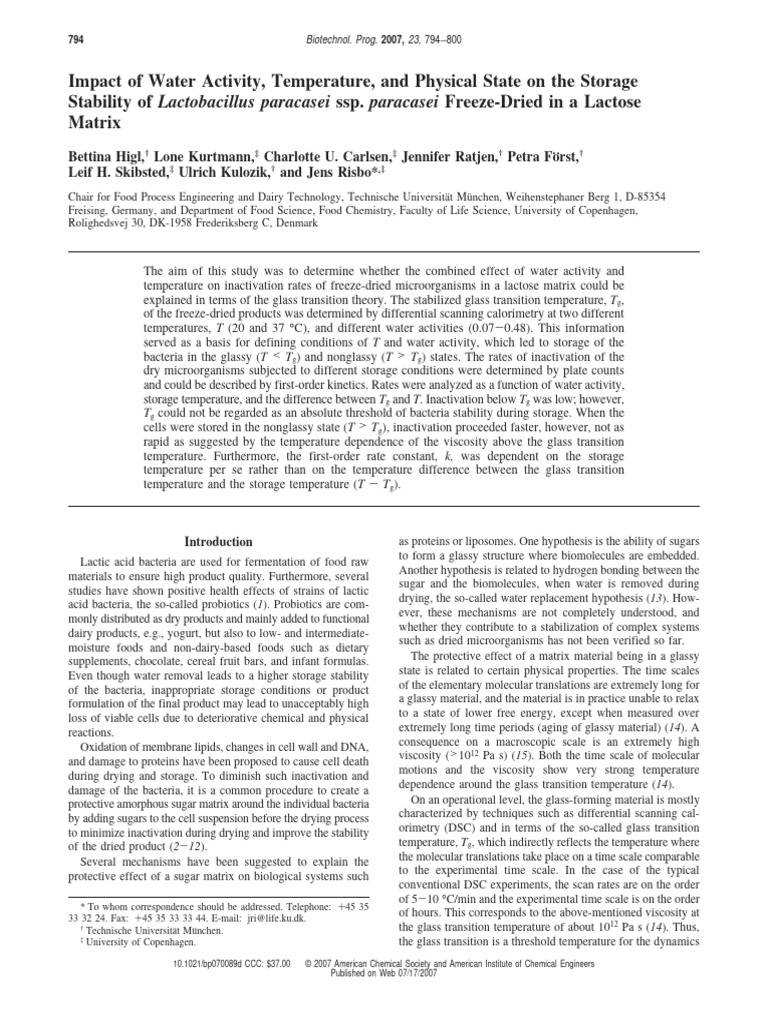 Biotechnology Progress - 2008 - Higl - Impact of Water Activity ...