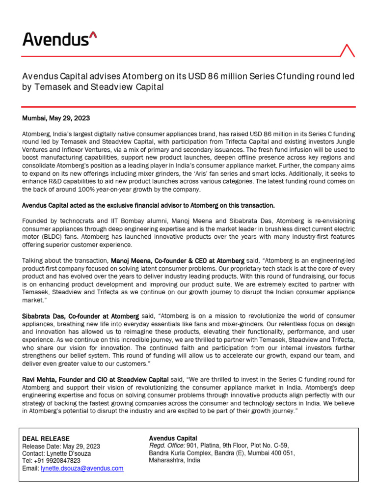 Avendus Capital Advises Atomberg On Its Usd 86 Million Series C Funding ...
