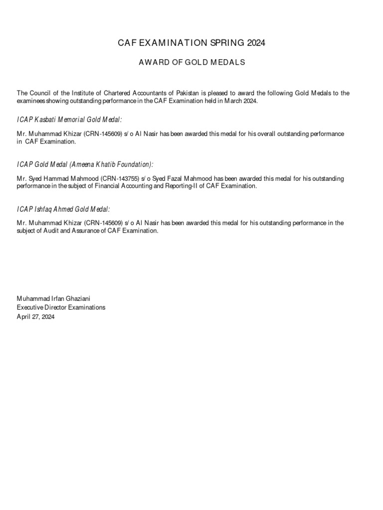 Result of CAF Examination - Spring 2024 | PDF | Accountant