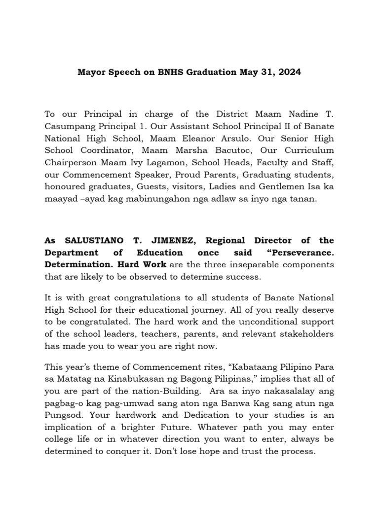 Mayor Speech On BNHS Graduation May 31 | PDF