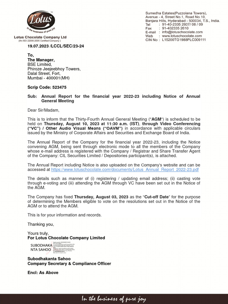 Lotus Chocolate AGM Notice 2022-23 | PDF | Electronic Voting | Audit