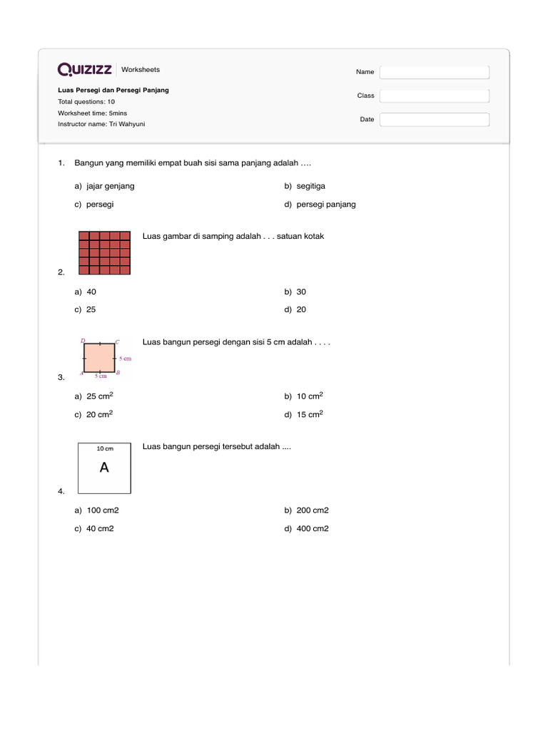 Luas Persegi Dan Persegi Panjang - Quizizz | PDF