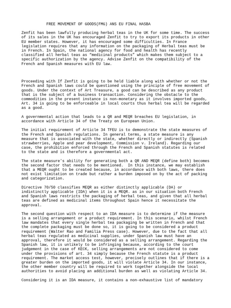 Free Movement of Goods (FMG) Ans Eu Final Hasba | PDF | European Union Law | European Union