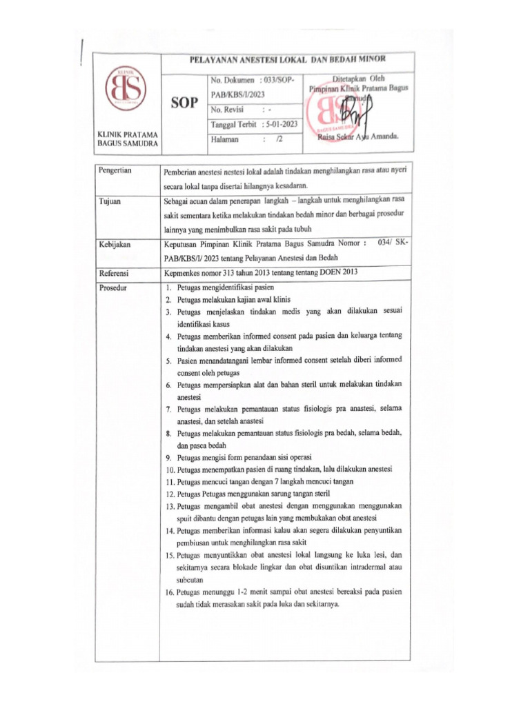 SOP Pelayanan Anastesi Dan Bedah | PDF