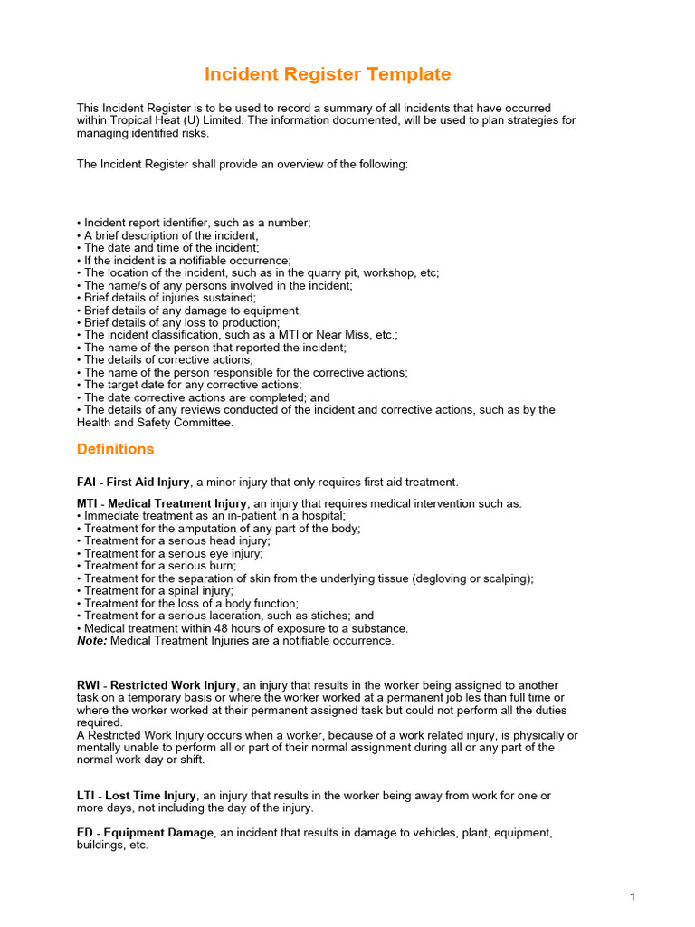 20.4 Incident Register Template | Download Free PDF | Occupational ...