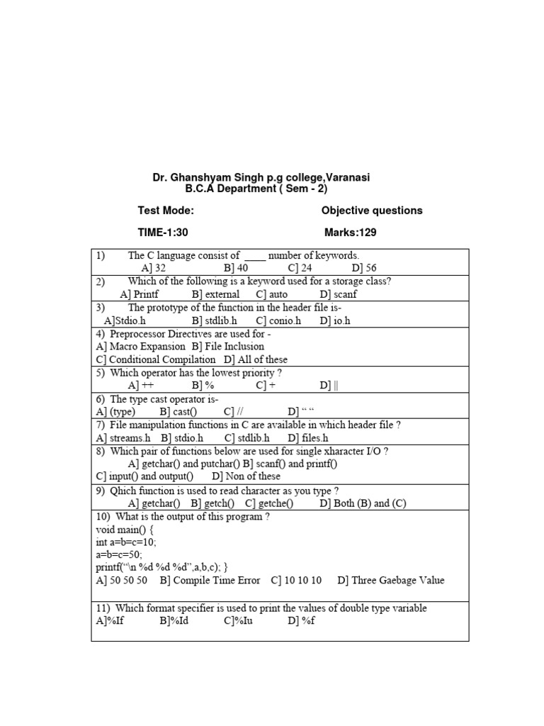 Bca 2 Sem Test Paper Pdf Pointer Computer Programming C Programming Language 