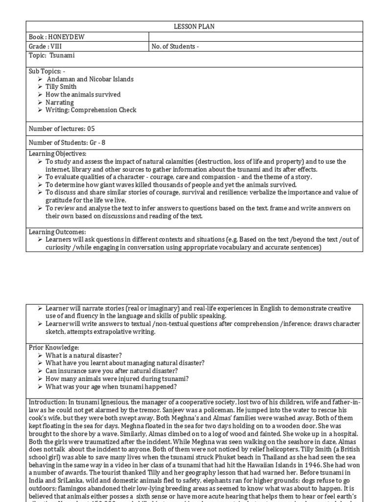 GR 8 - TSUNAMI - LESSON PLAN - Final | PDF | Tsunami | Reading ...