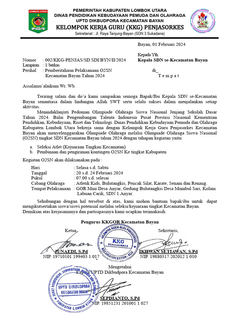 Surat Undangan O2sn Tingkat Kecamatan | PDF