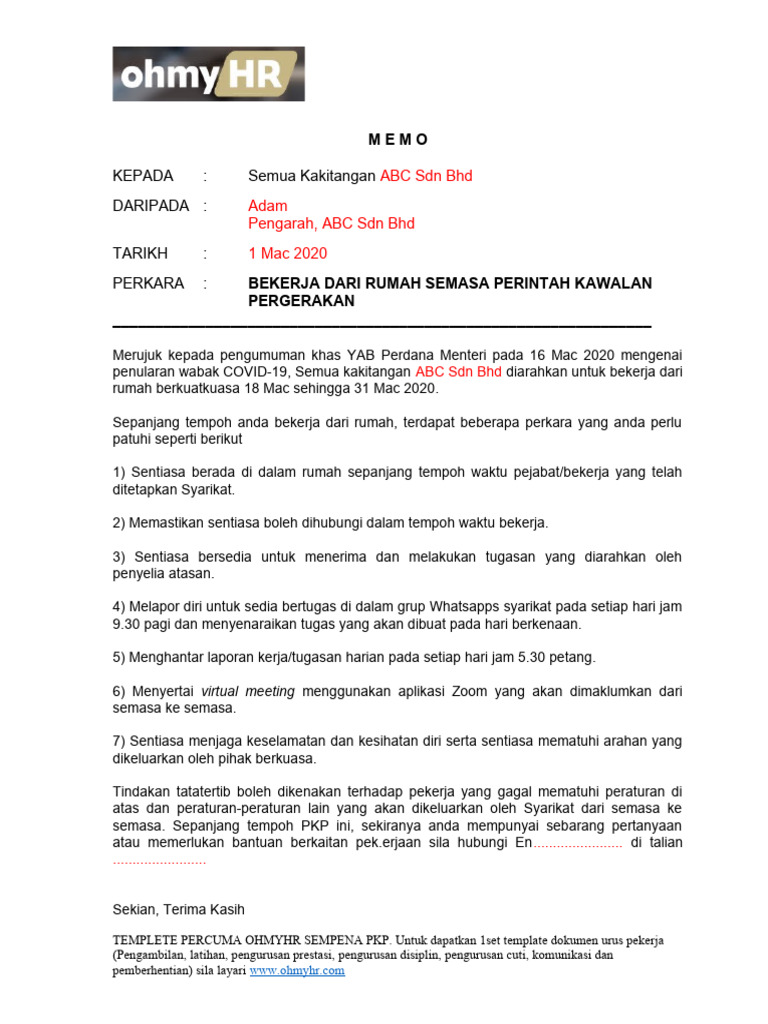 2 - Contoh Memo - Bekerja Dari Rumah Semasa Perintah Kawalan | PDF