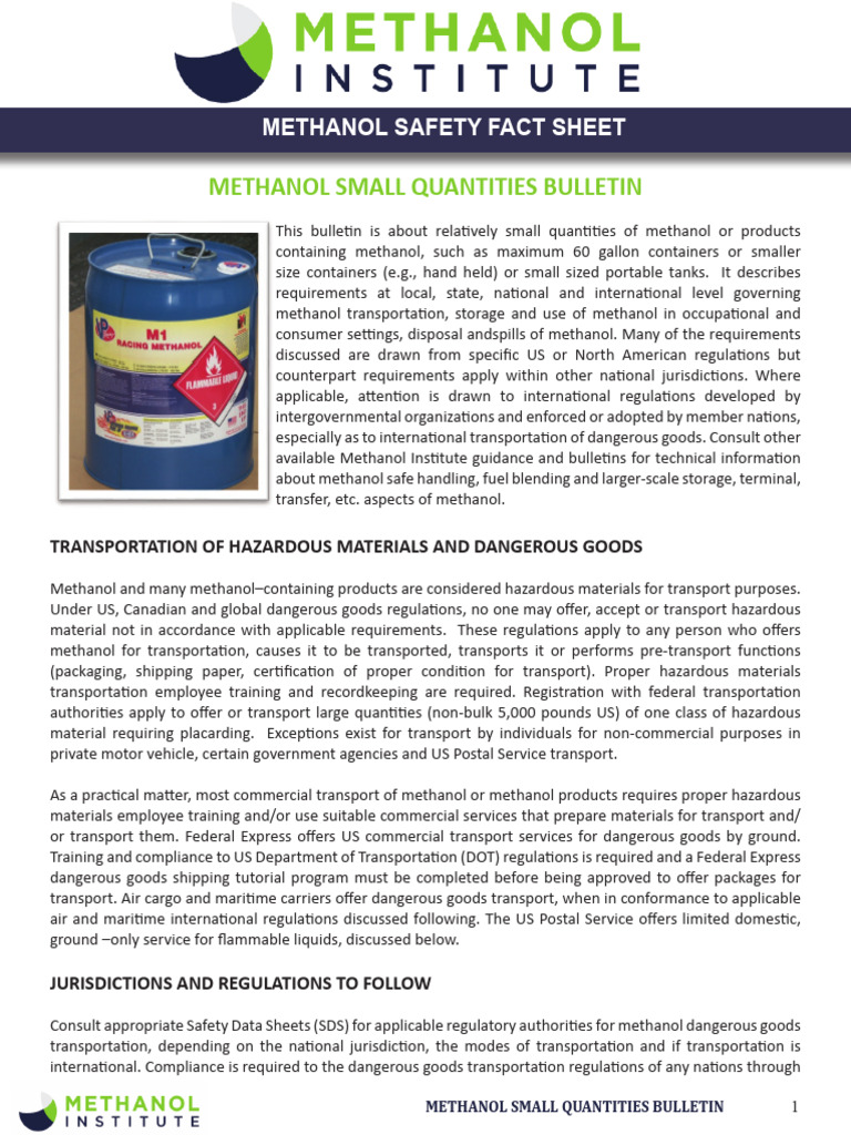 Methanol Safety Fact Sheet - Methanol Small Quantities Bulletin | PDF ...