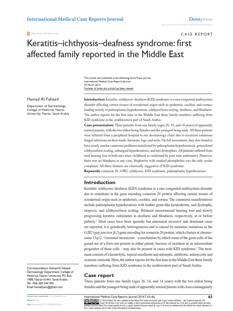 Keratitis Ichthyosis Deafness (KID) Syndrome | PDF | Hearing Loss ...