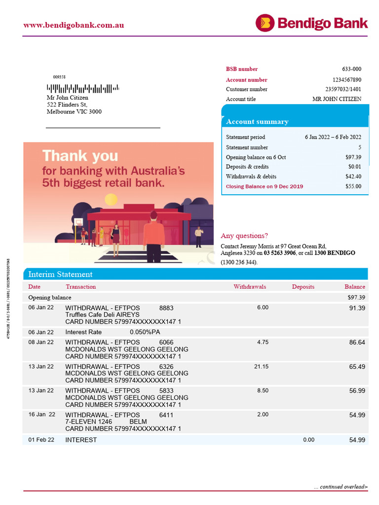 Australia Bendigo Bank Statement 1 | PDF | Deposit Account | Credit Card