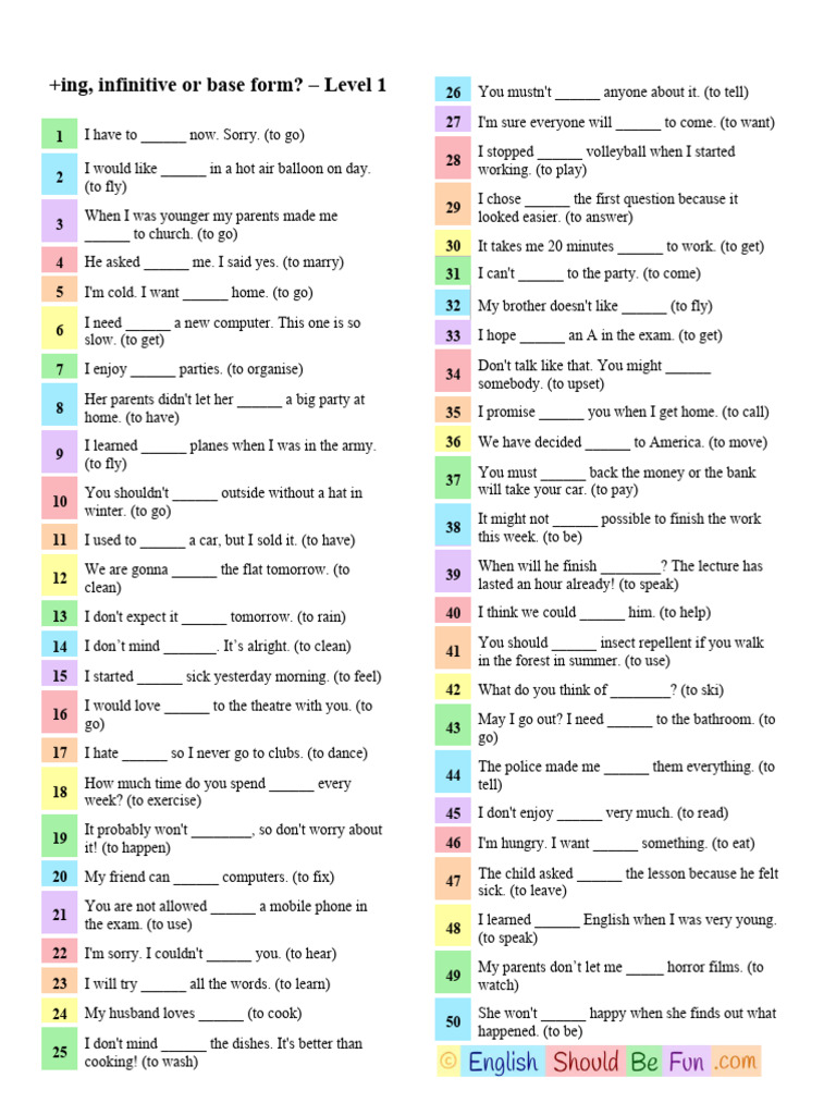 Gerunds and Infinitives Worksheet Grammar Drills - 104447 | PDF