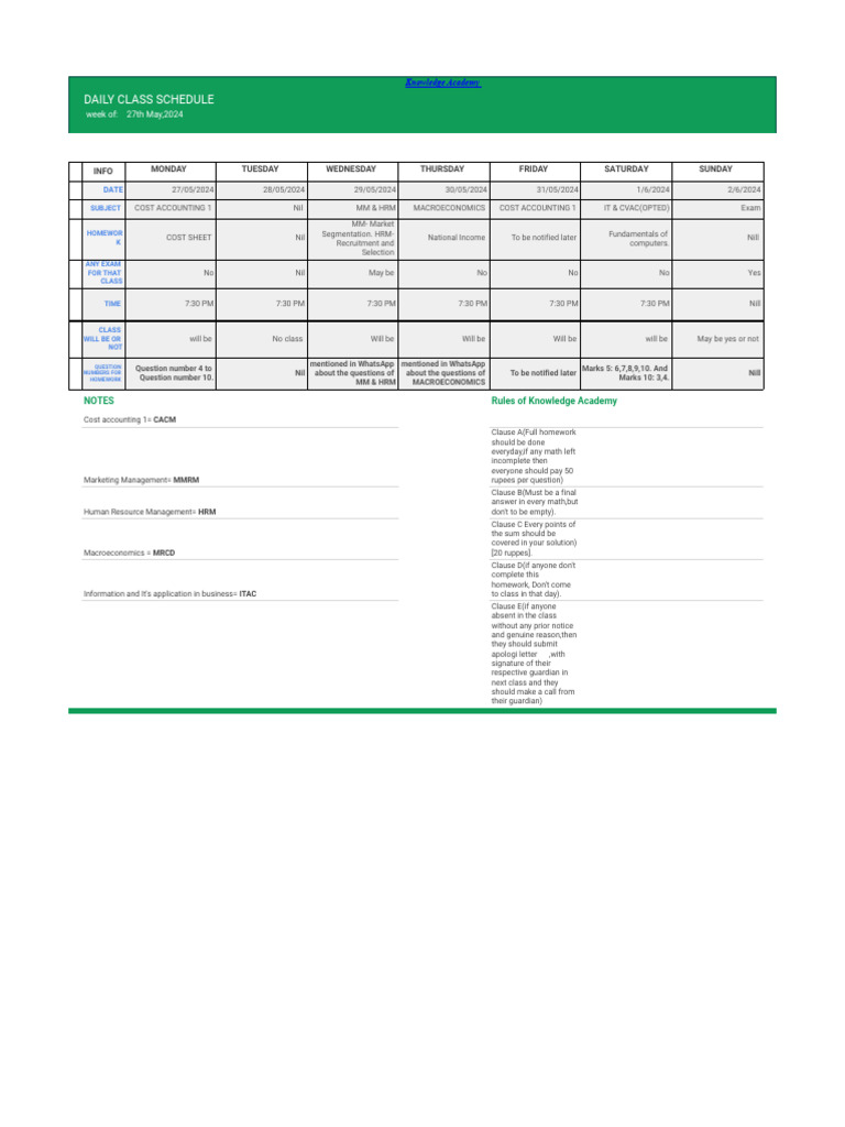 Class Schedule Knowledge Academy ( 27-05-2024 to 02-06-2024) | PDF Class Schedule Knowledge Academy ( 27-05-2024 to 02-06-2024) | PDF