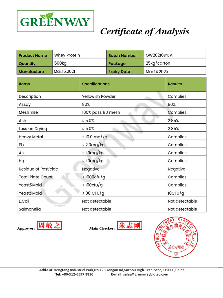 COA Whey Protein Powder 80% | PDF