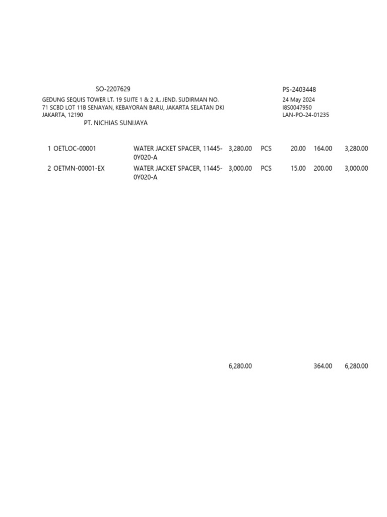 Water Jacket Spacer Invoice Details | PDF