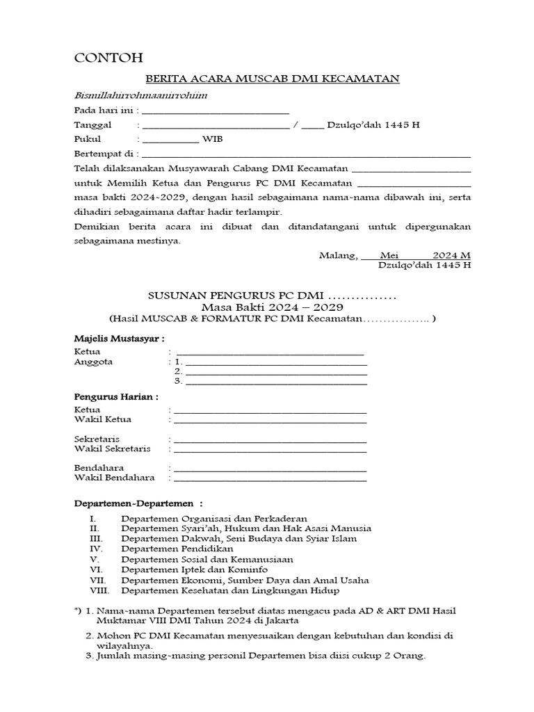 Contoh Berita Acara Muscab Dmi Kecamatan 2024 | PDF