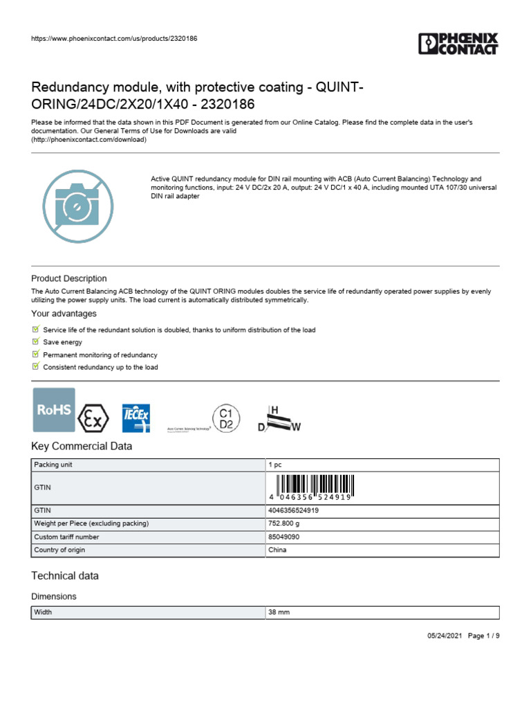 Redundancy Module, With Protective Coating - QUINT-ORING/24DC/2X20/1X40 ...