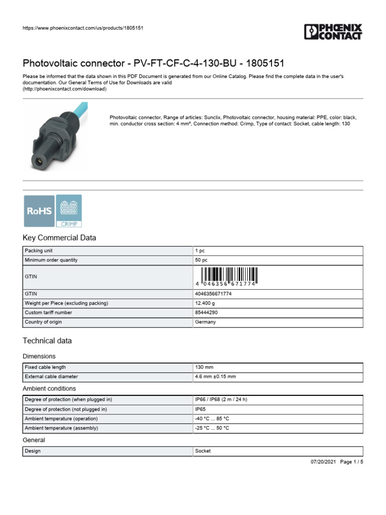 Photovoltaic Connector - PV-FT-CF-C-4-130-BU - 1805151: Key Commercial Data | Download Free PDF ...