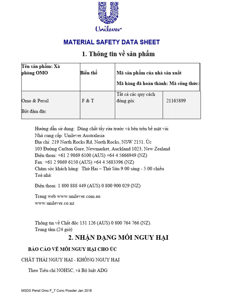 MSDS Xà Phòng OMO | PDF