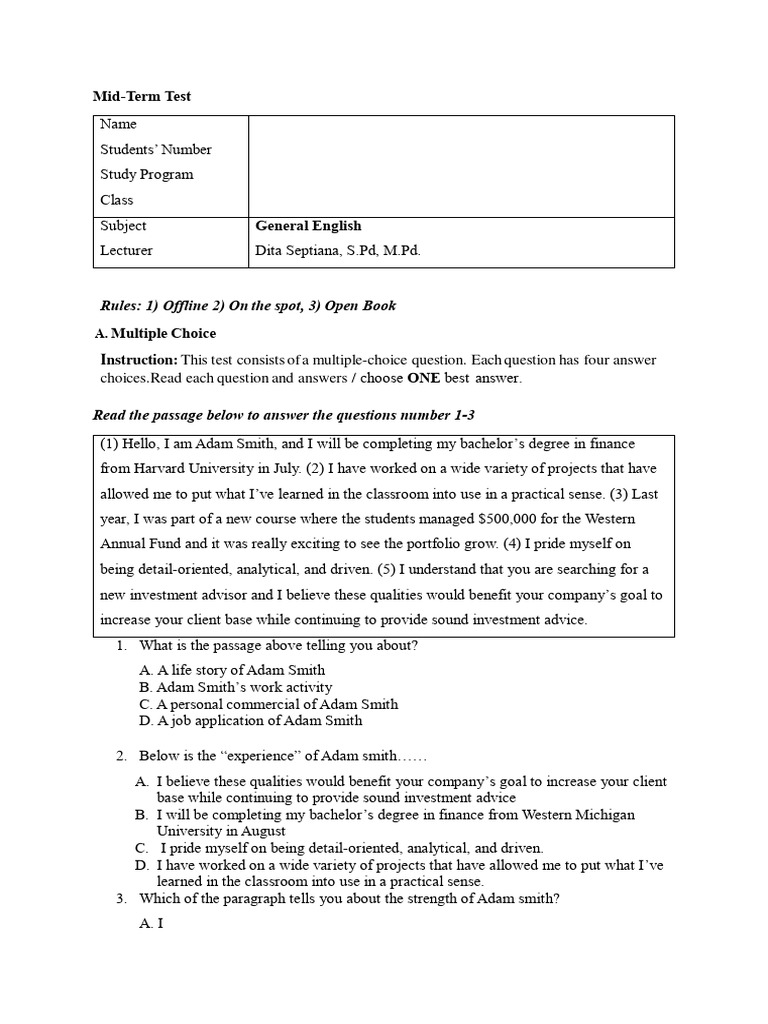 Mid-Term Test GE Management UNOSO 2024 | PDF | Insomnia | Fee
