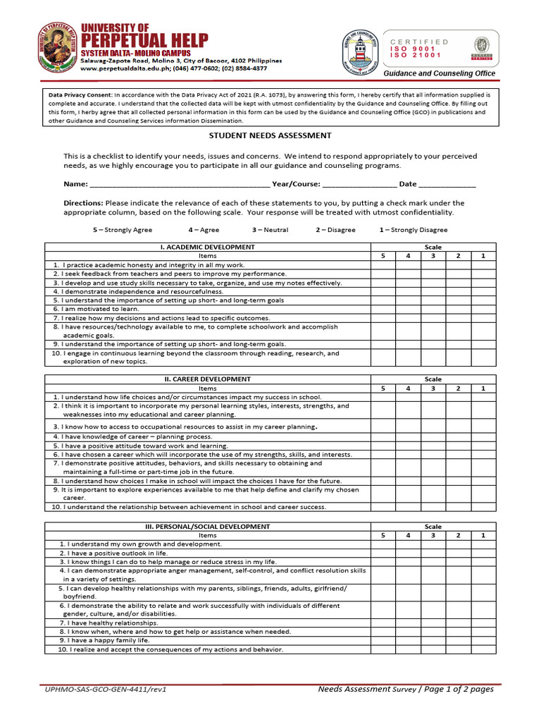College Students Need Assessment Form | PDF | Learning | Attitude ...
