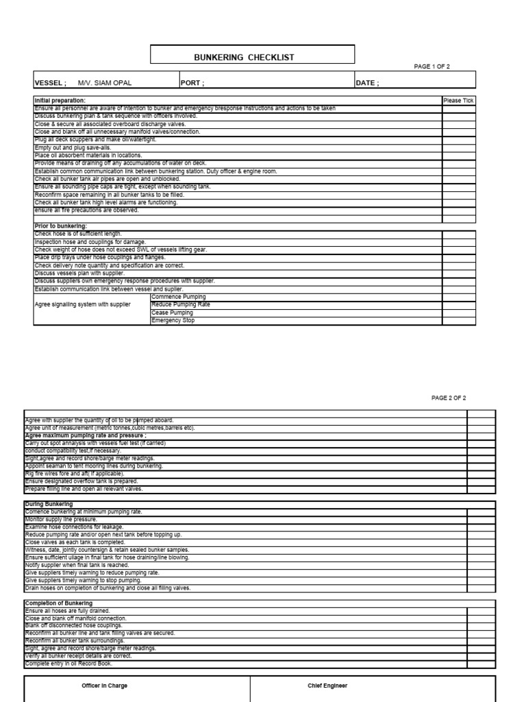 BUNKER CHECK LIST | PDF | Pump | Valve