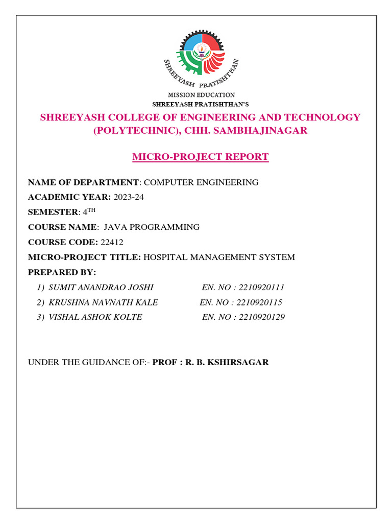 Shreeyash College of Engineering and Technology (Polytechnic), Chh. Sambhajinagar Micro-Project ...