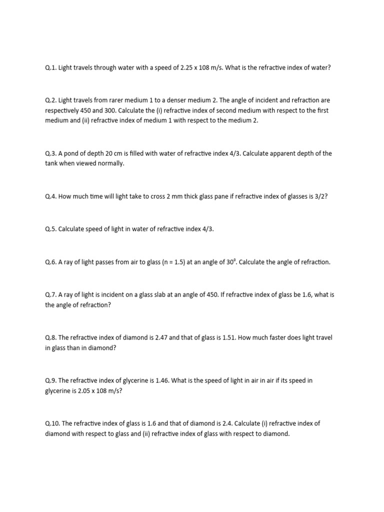 Refractive Index Numericals-1 | PDF | Refraction | Refractive Index
