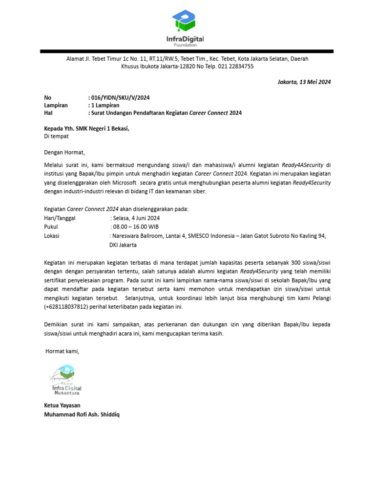 Surat Undangan Pendaftaran Kegiatan Career Connect - SMKN 1 Bekasi | PDF