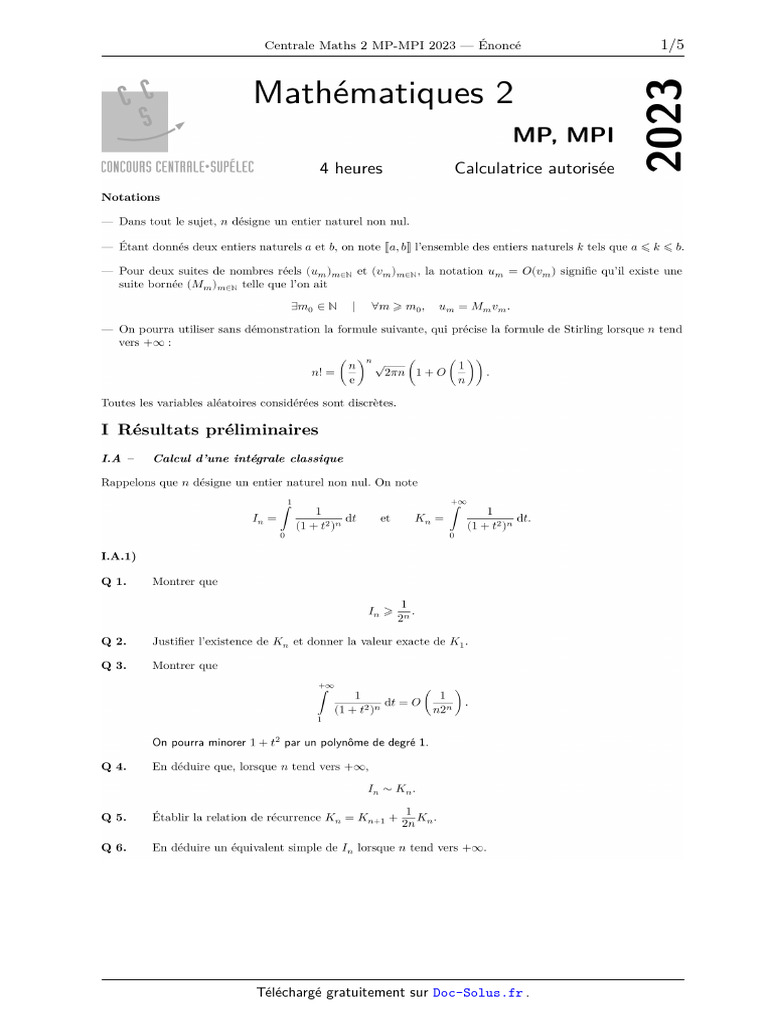 MP MATHS CENTRALE 2 2023.enonce | PDF