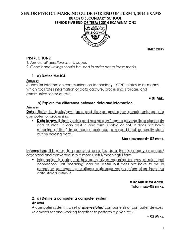 Senior Five ICT Exam Marking Guide | PDF | Computer Data Storage ...