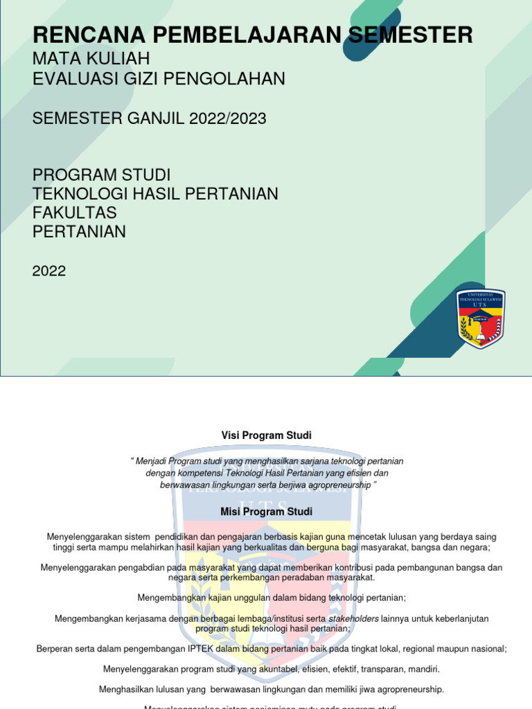 RPS Evaluasi Gizi Pengolahan GANJIL 2022-2023 | PDF | Sains & Matematika
