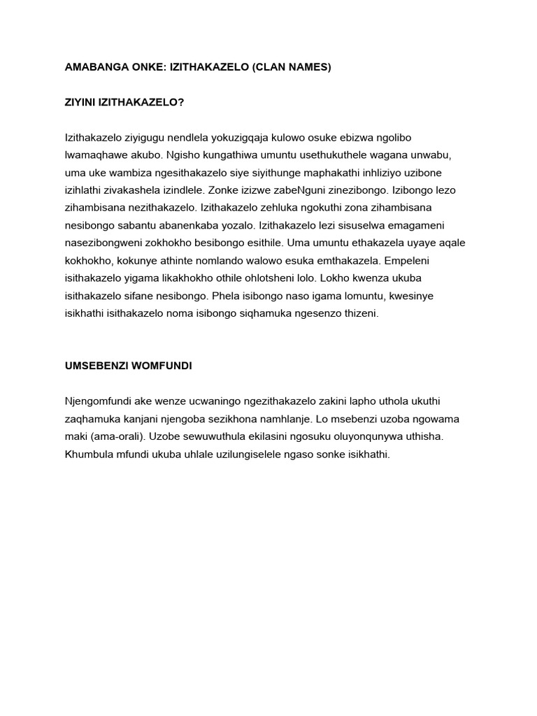 Amabanga Onke - Izithakazelo (Clan Names) | PDF