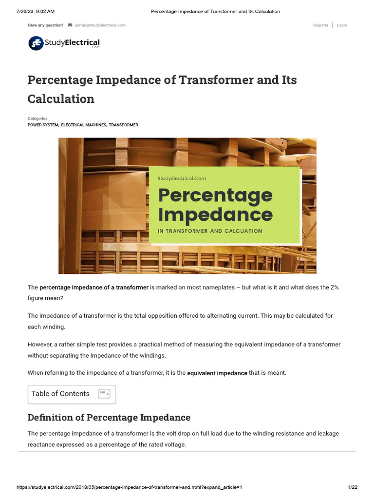 Percentage Impedance of Transformer and Its Calculation | PDF ...