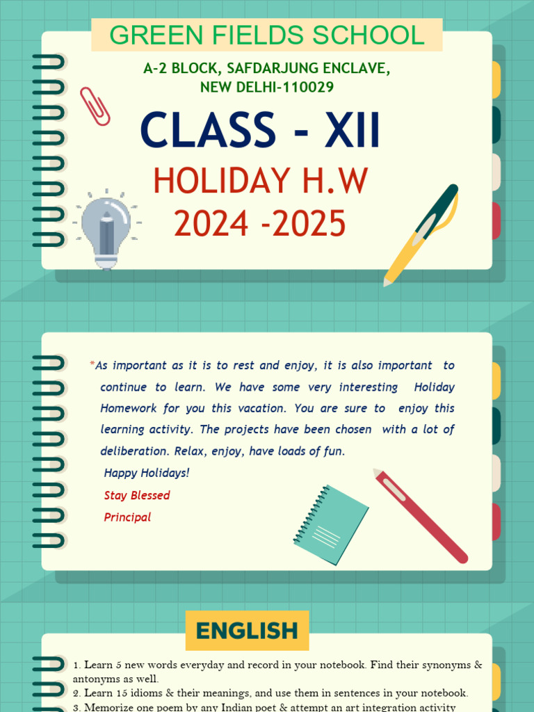 Class XII Holiday Homework 2024-25 | PDF
