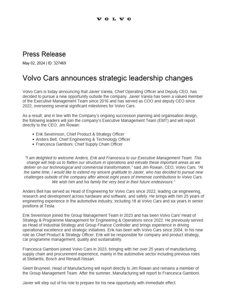 Volvo Cars Announces Strategic Leadership Changes | PDF | Chief ...