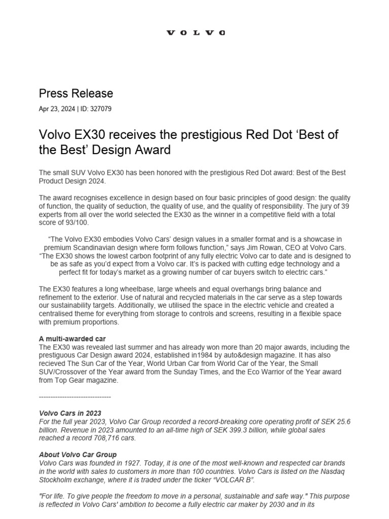 Volvo EX30 Receives The Prestigious Red Dot Best of The Best Design ...