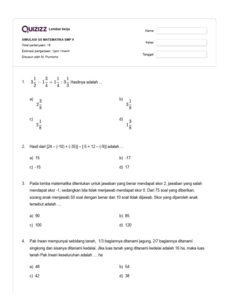 SIMULASI US MATEMATIKA SMP 9 - Quizizz | PDF