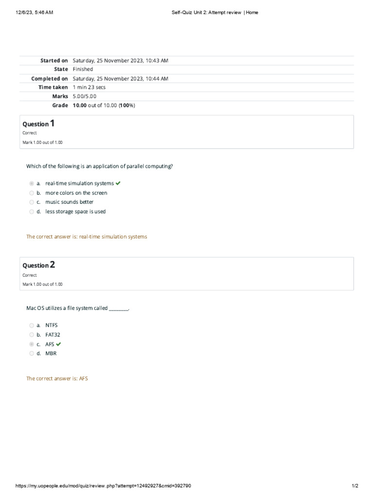 Self-Quiz Unit 2 Review Results | PDF