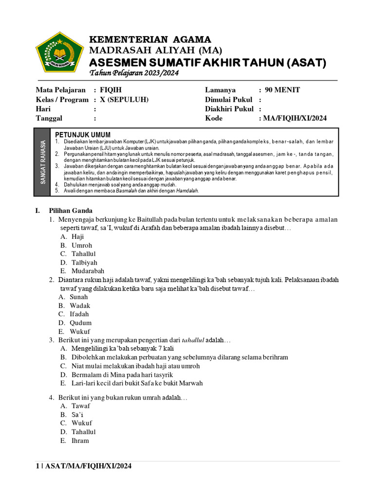 Soal Asat Fiqih Kelas X 23-24 | PDF